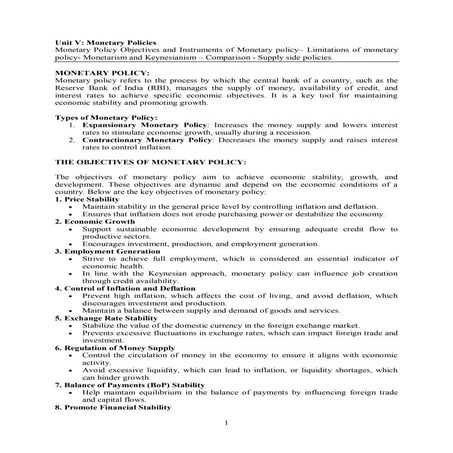 Unit - V Monetary Policies. Dr.U.Ramesh pdf | PDF
