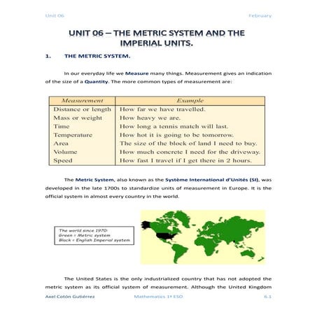 1 ESO - UNIT 06 - THE METRIC SYSTEM AND THE IMPERIAL UNITS | PDF