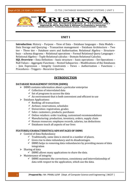 Introduction To Dbms And Sql Overview Pdf Databases Computer