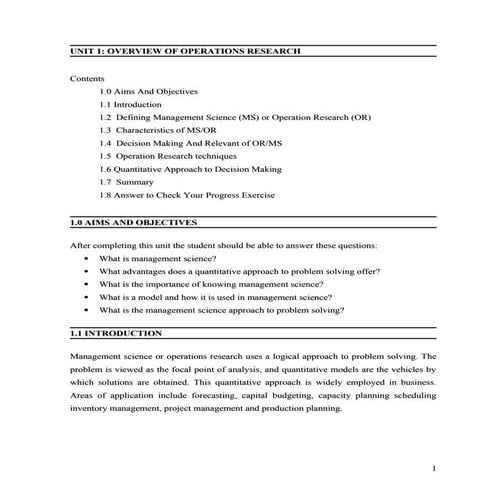 operation research Unit 1. for management | DOC