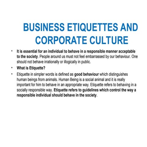 BUSINESS ETIQUETTES AND CORPORATE CULTURE | PPT