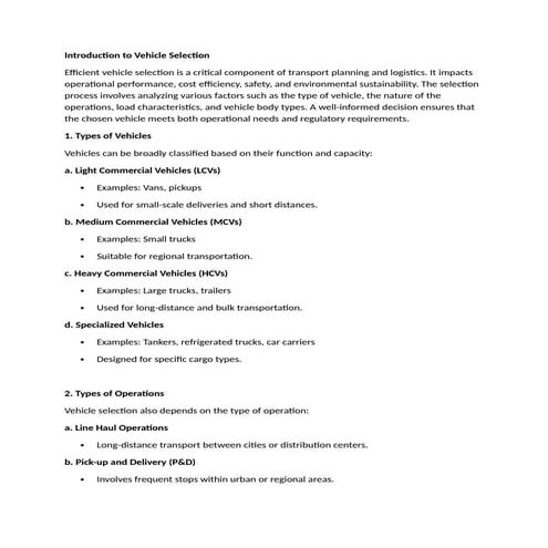 Introduction to Vehicle Selection Efficient vehicle selection is a ...