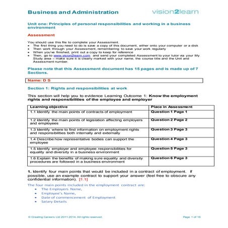Business and Admin Level 2 Unit 1 assessment answers | DOCX