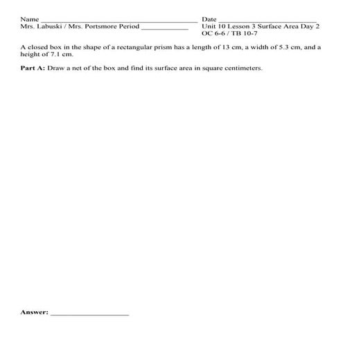 Unit 10 lesson 3 surface area day 2 hw | DOC