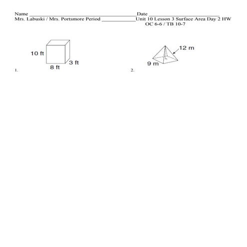 Unit 10 lesson 3 surface area day 2 hw | DOC