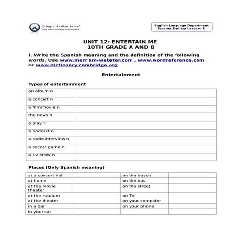 Unit 12 Entertain Me word list | PDF