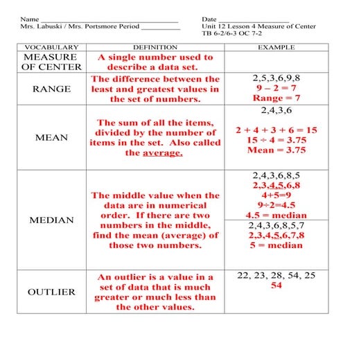 Unit 12 lesson 4 measures of center | DOC