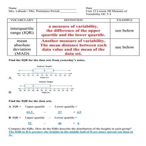 Unit 12 lesson 5 b measures of variability | DOCX