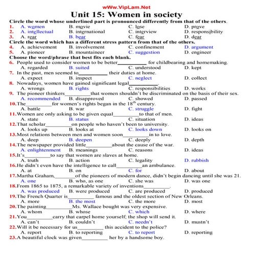 Đề Tiếng Anh 12 cơ bản unit 15 có đáp án - VipLam.Net