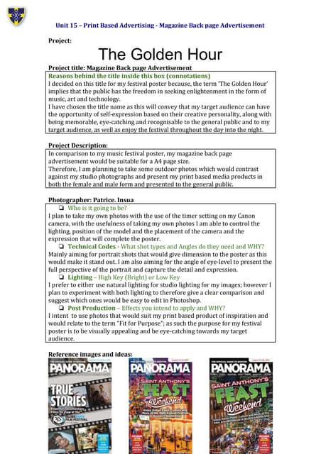 Unit 15 lo2 photo shoot plan template | DOCX