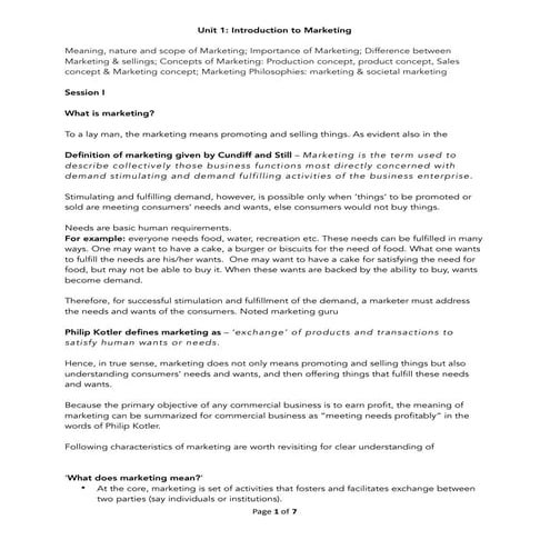 Unit 1 introduction to marketing - Class 11 - CBSE - 2016/17 | PDF
