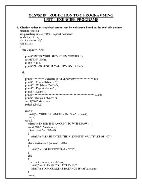 Unit 1 Ocs752 Introduction To C Programming Pdf