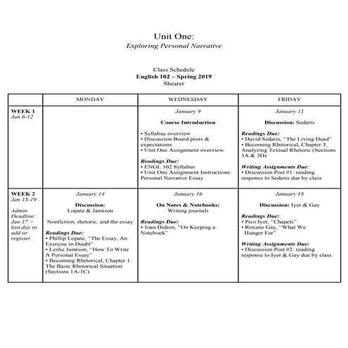 Unit 1 Schedule / English 102 / Shearer | PDF