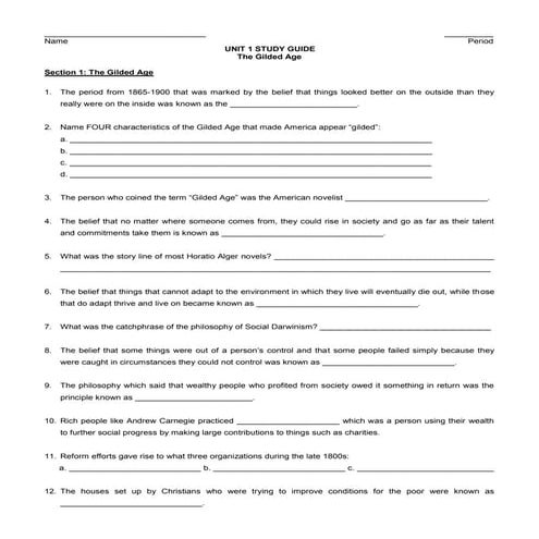 Unit 1 study guide (the gilded age) | PDF | Christianity | Religion ...