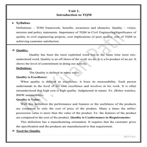 Unit 1 Total Quality Management........................ | PDF