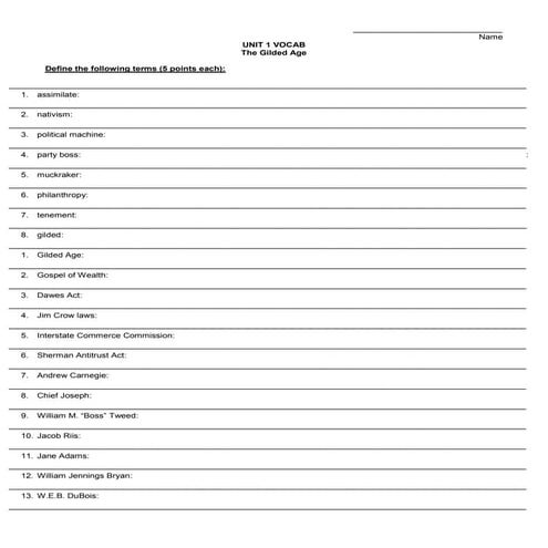 Unit 1 vocab (the gilded age) | PDF