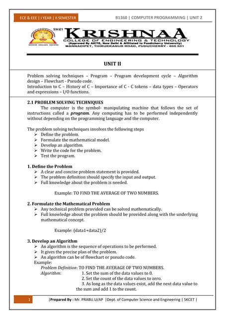 Problem Solving Unit 4 C Programming Bca I Sem Pdf