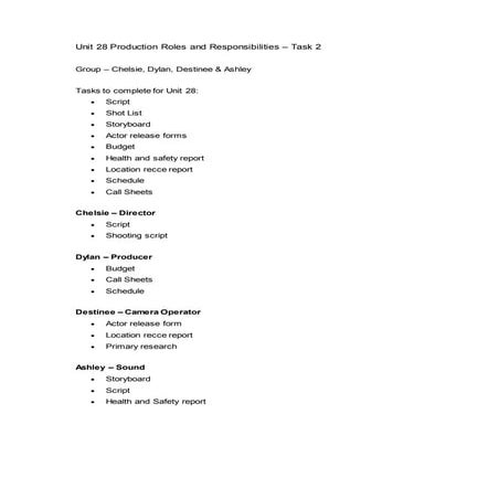 Unit 28 Production Roles And Responsibilities – Task 2 | DOCX