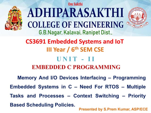 Cs3691 Esiot Unit 2 Embedded C Programing 6th Sem Cse Ppt 7150