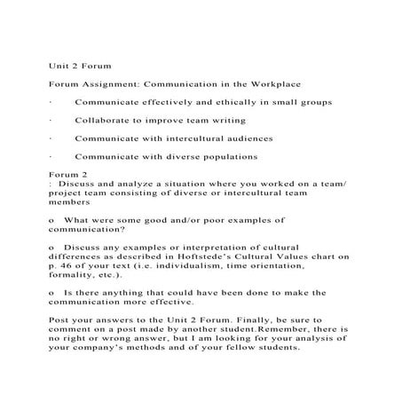 Unit 2 ForumForum Assignment Communication in the Workplace | PDF
