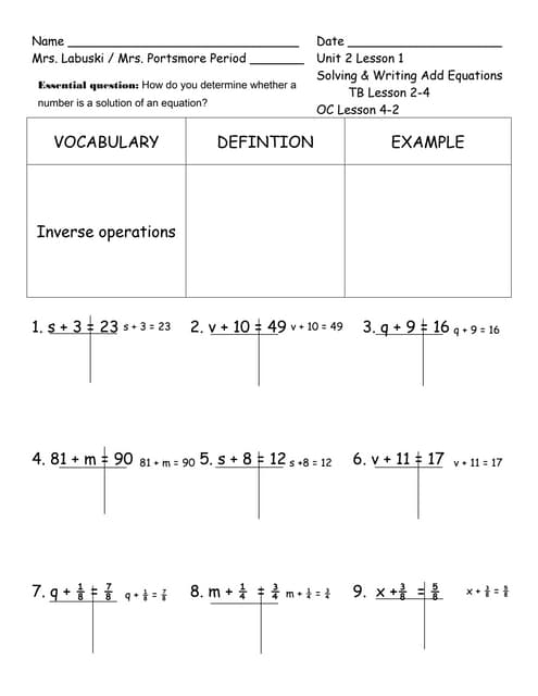 MATH: ONE STEP EQUATIONS | PDF