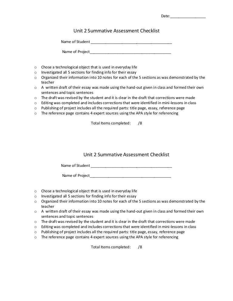 Unit 2 Summative Assessment Checklist 