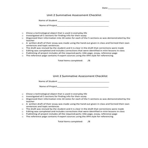 Unit 2 summative assessment checklist | DOCX