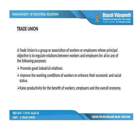 Introduction to Trade Union- Management of Industrial Relation | PPT