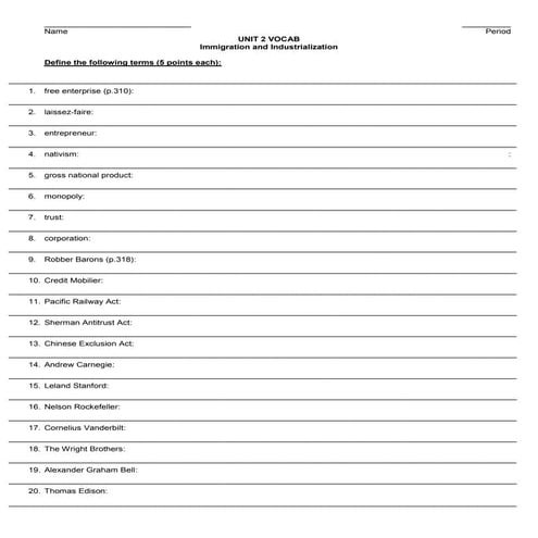 Unit 2 vocab (industrialization and immigration) | PDF