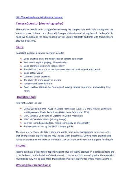 Camera operator job qualificationsbtgrebwtrewby | DOCX | Cameras and ...