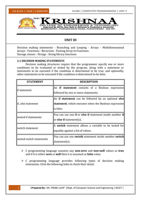 Decision Making Statements Arrays Strings Pdf Programming