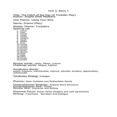 Unit 3 Story 1 Catch of the Day | DOCX