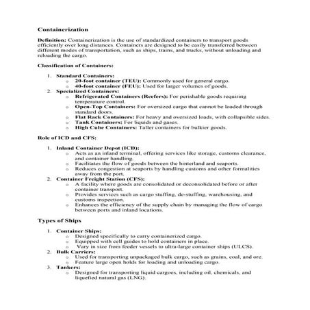 Role of ICD and CFS, Types of Ships, Containerization is the use of standardized | DOCX