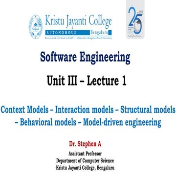 Unit 3 Lecture 1 Context Models Interaction Models Structural Models Behavioral Models