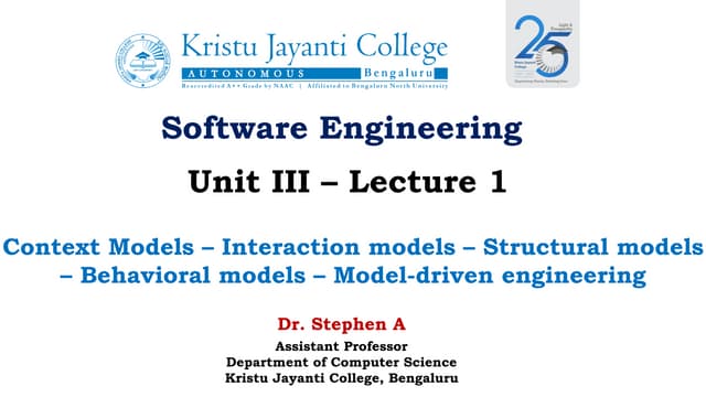 Unit 3 Lecture 1 Context Models Interaction Models Structural