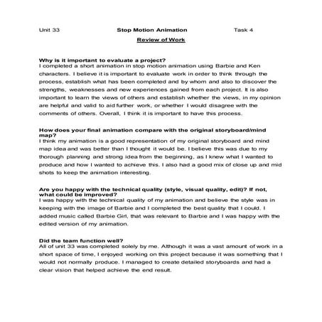Unit 33 task 4 self evaluation review of work | DOCX
