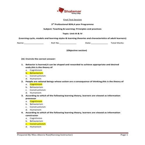 Unit 3 & 4.docx mcqs for teaching learning | DOCX