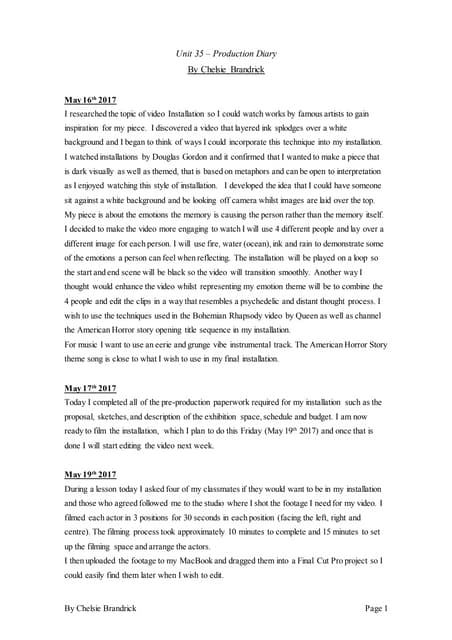 Unit 28 Production Diary | DOCX | Screenwriting | Content Production