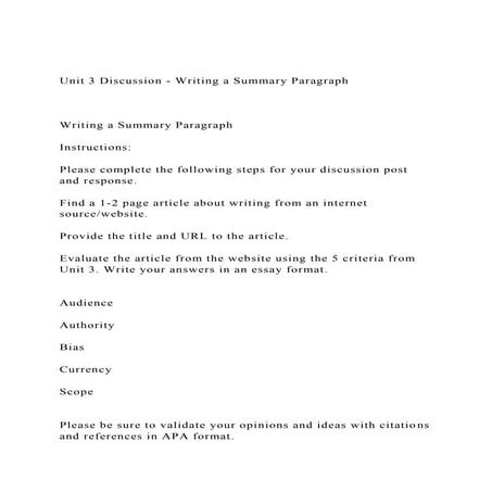 Unit 3 Discussion - Writing a Summary ParagraphWriting a | DOCX