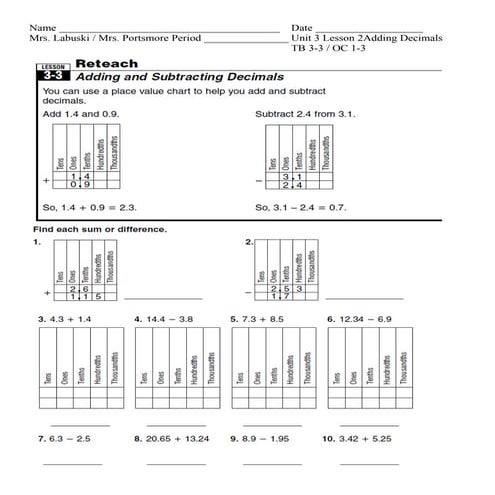 Unit 3 lesson 2 adding subtracting decimals | PDF