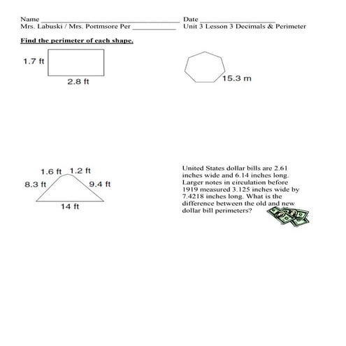 Unit 3 lesson 3 decimals and perimeter | PDF