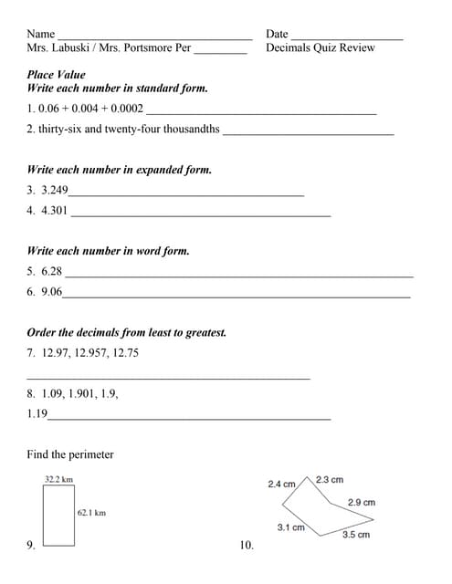 Decimals quiz review | DOC | Landscaping | Home & Garden