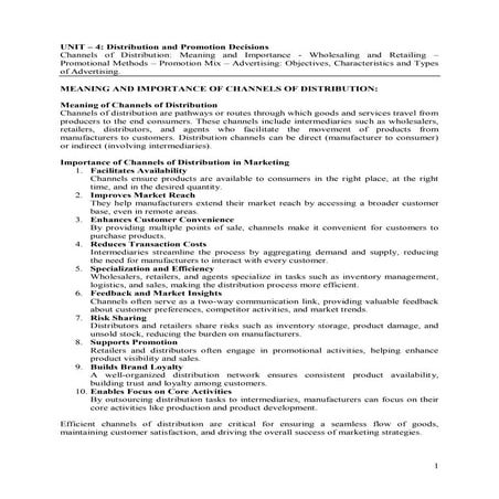 Unit – 4 Distribution and Promotion Decisions by Dr.U.Ramesh ...