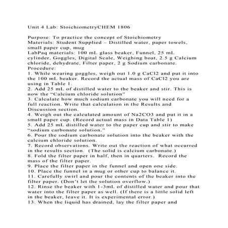 Unit 4 Lab StoichiometryCHEM 1806Purpose To practice the conce.docx