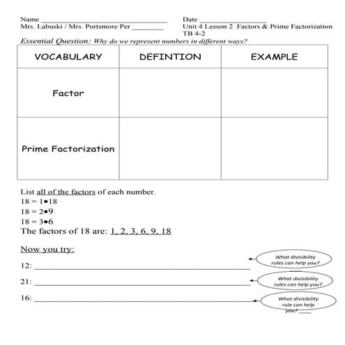 Unit 4 lesson 2 factors & prime factorization | DOC