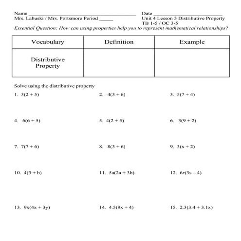 Unit 4 lesson 5 distributive property | DOCX