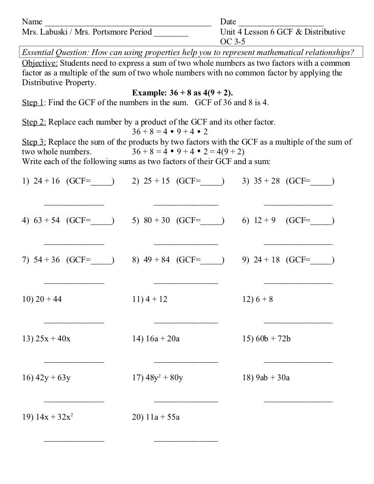 Unit 4 lesson 6 gcf & distributive property
