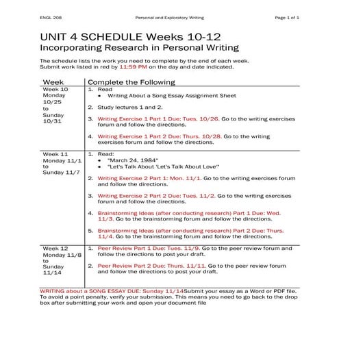 Unit 4 Schedule - Writing About a Song | PDF