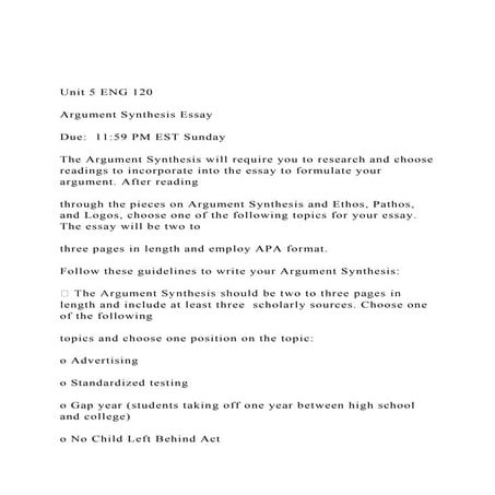 Unit 5 ENG 120 Argument Synthesis Essay Due 1159 PM.docx