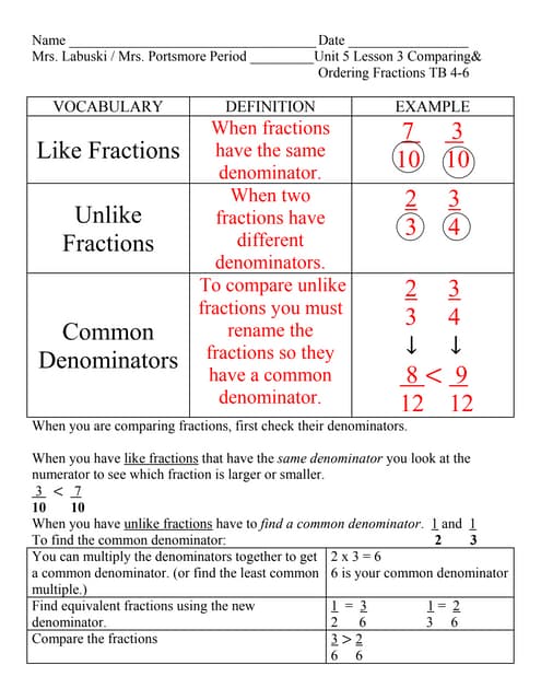 Lesson 4 6 Comparing And Ordering Fractions Docx